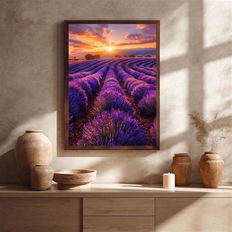 Lavender Field Sunset Canvas Wall Art Purple Flower Landscape Print
