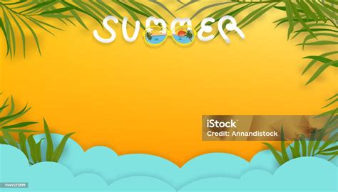 여름 장면 배경 복사 공간이 있는 종이 컷 열대 해변이 있는 노란색 배경에 코코넛 야자수 가지가 평평하게 놓여 있습니다 여름 방학 여행 판매를 위한 넓은 구성 개념을 가진