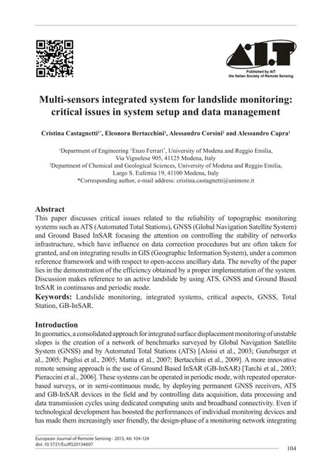 Pdf Multi Sensors Integrated System For Landslide Monitoring Critical Issues In System Setup