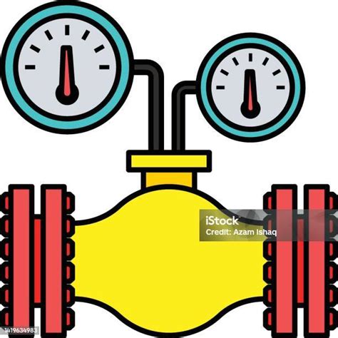 압력 조절 밸브 개념 기체 흐름 또는 게이지가있는 특수 밸브 벡터 색상 아이콘 디자인 원유 및 천연 액체 가스 기호 석유 및