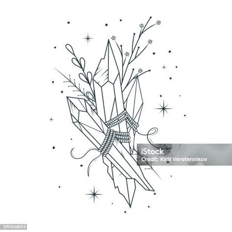 천상의 결정과 나뭇 가지의 꽃다발 손으로 그린 벡터 마법 기호는 흰색으로 격리되어 있습니다 요술에 대한 벡터 일러스트레이션 초자연적인에 대한 스톡 벡터 아트 및 기타 이미지