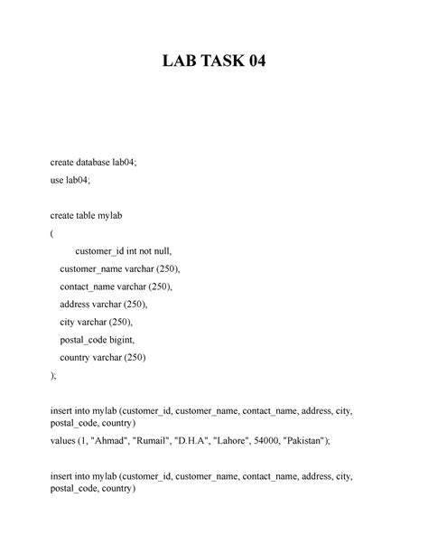 Ahmad Rumail F2020266527 LAB TASK 04 Create Database Lab04 Use Lab04