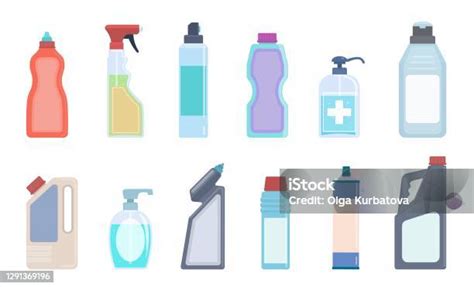 세제 병 플라스틱 용기 표백제 및 가정용 화학 병 주방 화장실 및 가정용 벡터 절연 플랫 세트용 위생 세척 제품 청소 용품 가사 집안일에 대한 스톡 벡터 아트 및 기타