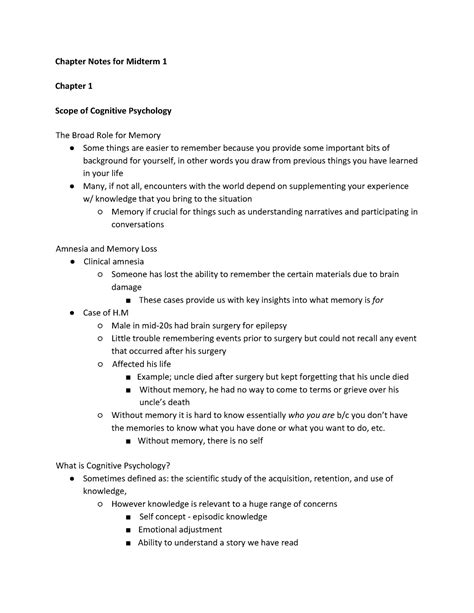 Midterm Notes 1 Chapter Notes For Midterm 1 Chapter 1 Scope Of Cognitive Psychology The Broad