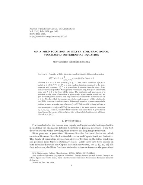Pdf On A Mild Solution To Hilfer Time Fractional Stochastic