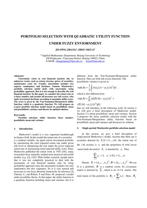 Pdf Portfolio Selection With Quadratic Utility Function Under Fuzzy