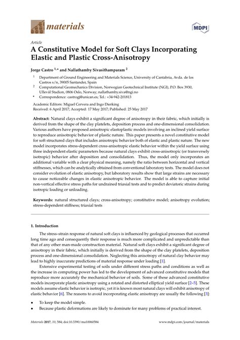 Pdf A Constitutive Model For Soft Clays Incorporating Elastic And Plastic Cross Anisotropy