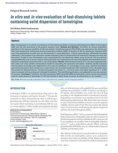Pdf In Vitro And In Vivo Evaluation Of Fast Dissolving Tablets Containing Solid Dispersion Of
