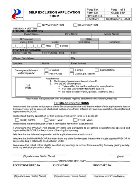 Gaming Self Exclusion Form Pdf