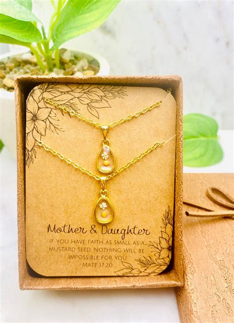 Mother Daughter Matching Necklace Set Gold Flower Mustard Seed