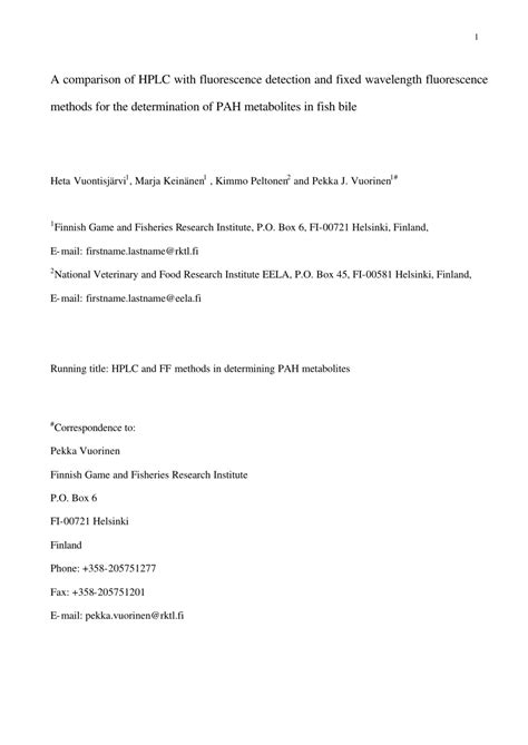 Pdf A Comparison Of Hplc With Fluorescence Detection And Fixed Wavelength Fluorescence Methods
