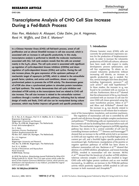 Pdf Transcriptome Analysis Of Cho Cell Size Increase During A Fed Batch Process