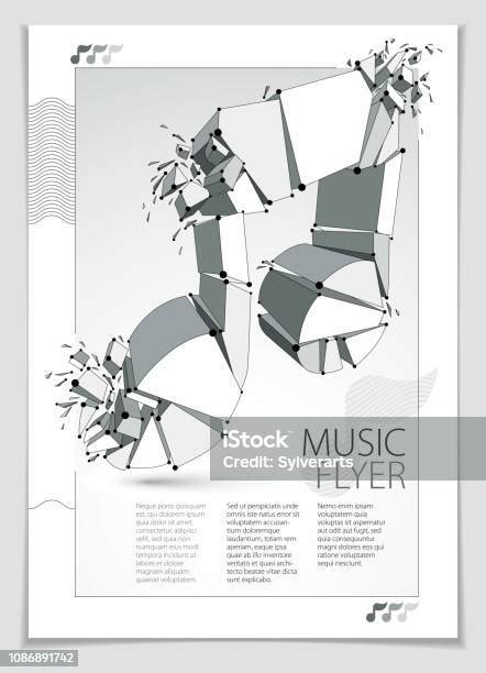 음표 조각과 폭발 벡터 3d 현실적인 그림 기호 하드 하 고 시끄러운 음악 소리 개념 전단 이나 팜플렛 디자인 바위 또는 전자 장르 클럽 이나 축제 아이디어 3차원 형태에