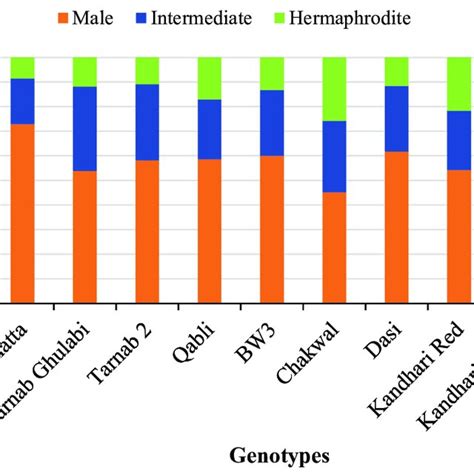 Flower Sex Ratio In Different Pomegranate Genotypes Stacked Columns