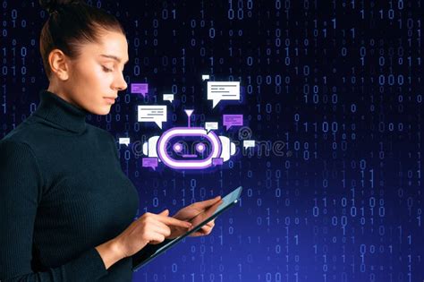 Attractive Young European Businesswoman Using Tablet With Creative Bot