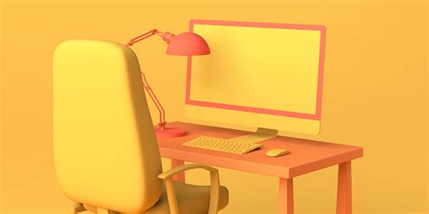 컴퓨터 의자 및 커피 컵이있는 만화 작업 사무실 프리랜서 3d 그림 공간을 복사합니다 0명에 대한 스톡 사진 및 기타 이미지 Istock