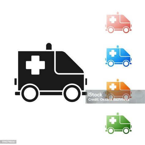 흰색 배경에 고립 된 검은 구급차와 응급 자동차 아이콘 구급차 차량 의료 대피 다채로운 아이콘을 설정합니다 벡터 일러스트레이션