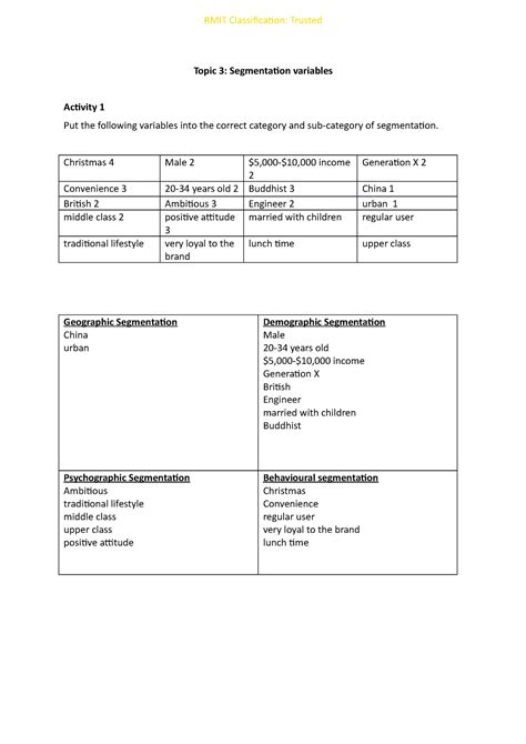 Activity 1 Segmentation Variables Topic 3 Segmentation Variables