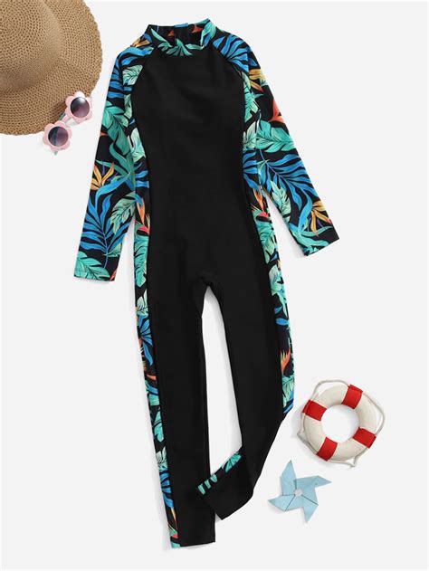 بنات ملابس سباحة قطعة واحدة بطباعة استوائية عنق عالي