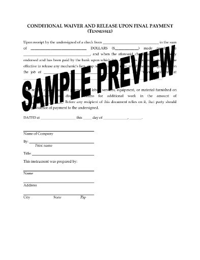 Tennessee Lien Waiver And Release Forms Package