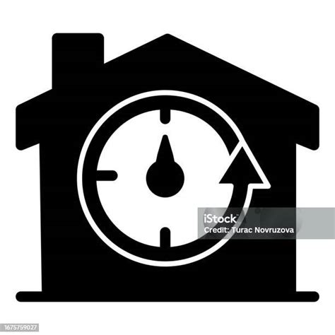 화살표 단색 아이콘 스마트 하우스 기호 흰색 배경에 빠른 택배 벡터 기호 모바일 및 웹 디자인을 위한 홈 타임 아이콘 글리프가 있는 건물 및 스톱워치 벡터 가정용 장비에