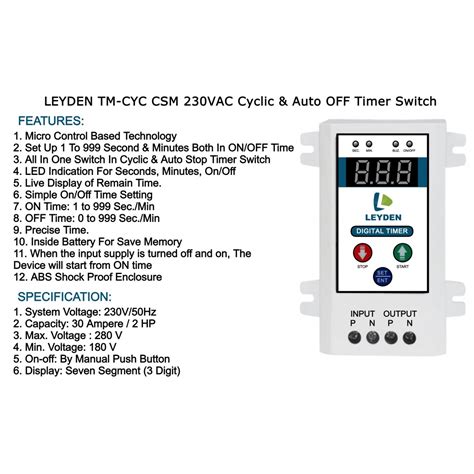 Leyden® Tm Cyc Csm 30a 230 Volt Ac 1 To 999 Secmin Onoff Digital Cyclic Timer And Auto Stop