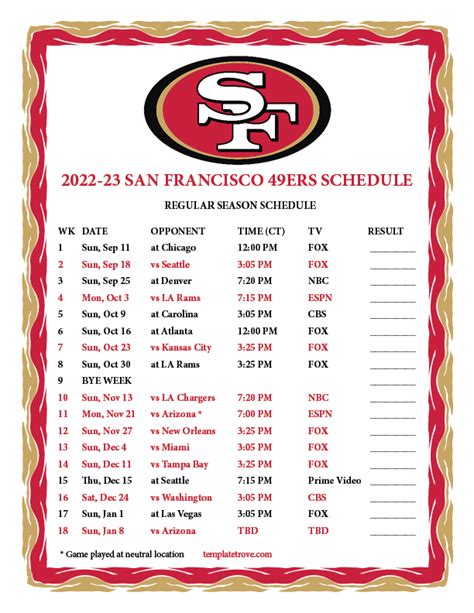Printable 2022 2023 San Francisco 49ers Schedule