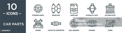 자동차 부품 개요 아이콘 세트에는 얇은 라인 스티어링 휠 브레이크 패드 Jerrycan 유압 잭 어큐뮬레이터 엔진 보고서 프리젠 테이션 다이어그램 웹 디자인에 대 한 촉매
