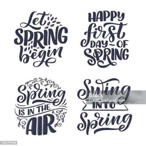 봄 시간 문자 인사말 카드로 설정합니다 재미있는 시즌 슬로건 프로모션 및 판매 디자인을위한 타이포그래피 포스터 또는 배너 서예 인쇄 벡터 봄에 대한 스톡 벡터 아트 및 기타