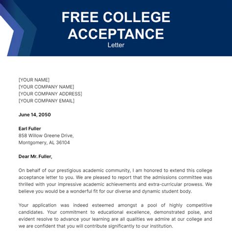 College Acceptance Letter Template Edit Online And Download Example