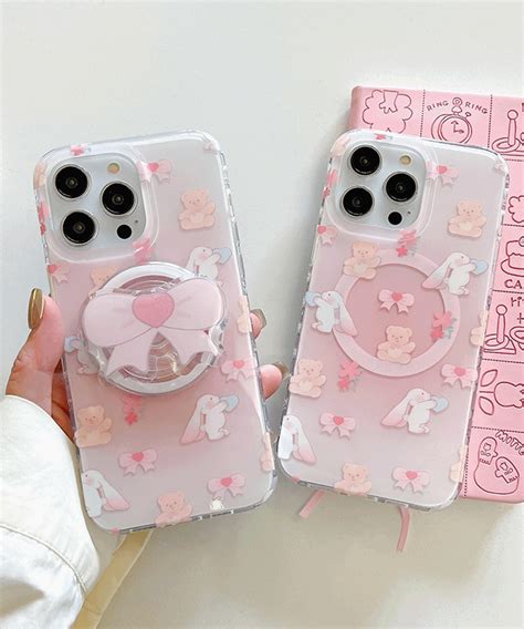 16추가 맥세이프 토끼곰 핑크 아이폰 케이스 폰케이스 자력강한 스마트톡 리본 거치대 유니크 심플 블링 반짝 거울 핸드폰 케이스 프로 맥스 11 12 13 14 15 16