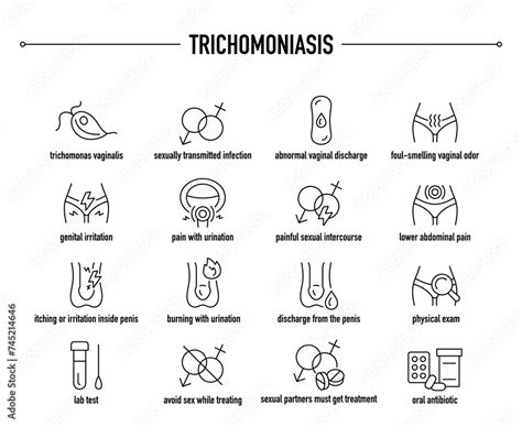 Trichomoniasis Symptoms Diagnostic And Treatment Vector Icons Line