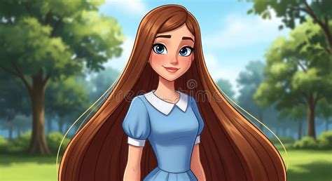 Cartoon Girl In Blue Dress In A Forest Setting Stock Illustration