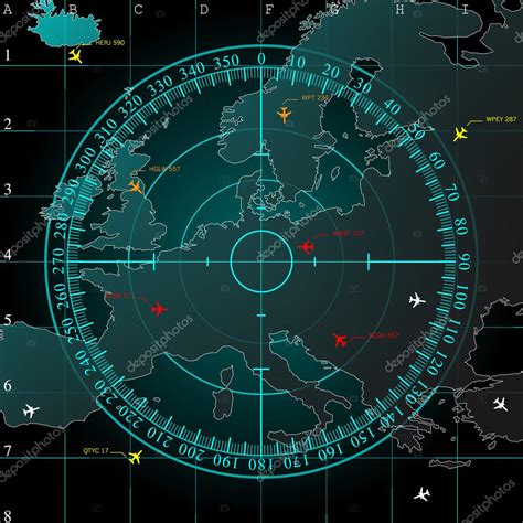 Blue Radar Screen Over Square Grid Lines And Map Of Europe Territory