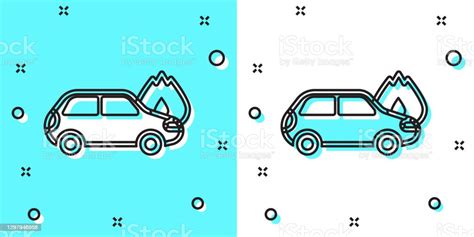 녹색과 흰색 배경에 격리 된 검은 줄 불타는 자동차 아이콘 불에 자동차 화재와 연기로 덮인 깨진 자동차 임의동적 모양 벡터