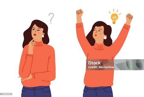 여성 찾기 솔루션 문제 해결 여자는 좋은 생각을 가지고있다 질문과 대답 개념 사고 과정과 행복한 소녀 벡터 캐릭터 개념에 대한