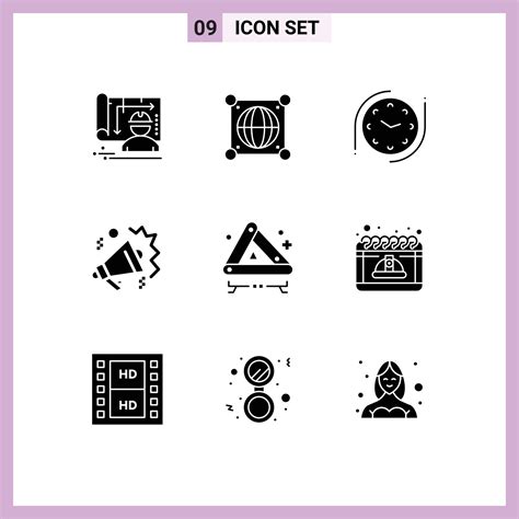 9 User Interface Solid Glyph Pack Of Modern Signs And Symbols Of Road Accident Clock Speaker