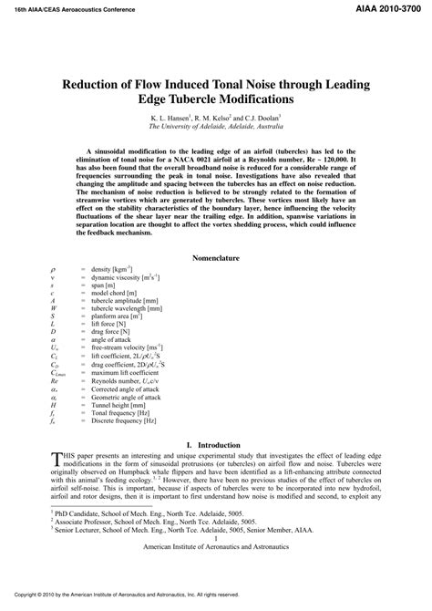 Pdf Reduction Of Flow Induced Tonal Noise Through Leading Edge