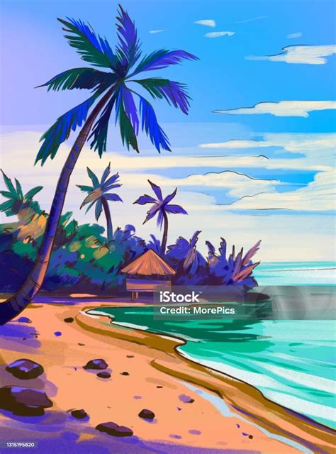Pantai Tropis Pemandangan Laut Lanskap Laut Ilustrasi Yang Digambar Dengan Tangan Latar Belakang
