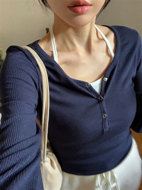 프렌치오브 2천장돌파 슬림핏made 프렌즈 버튼 골지 슬림 크롭 여름 긴팔 티셔츠4color