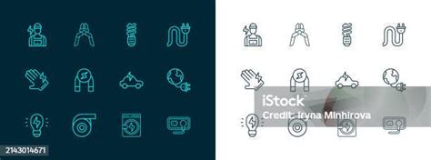 라인 전기 플러그 롤 접착 테이프 자동차 와셔 자석 Led 전구 전기 기사 및 펜치 도구 아이콘을 설정합니다 벡터 0명에 대한 스톡 벡터 아트 및 기타 이미지 Istock