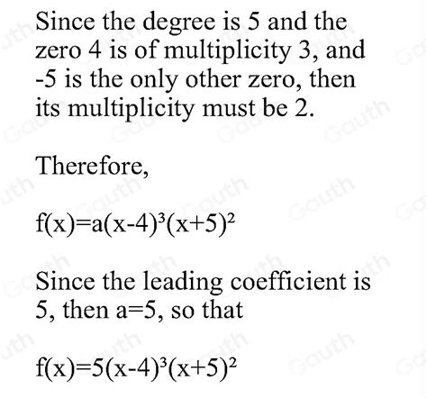 Solved Construct A Polynomial Function With The Following Properties Fifth Degree 4 Is A Zero