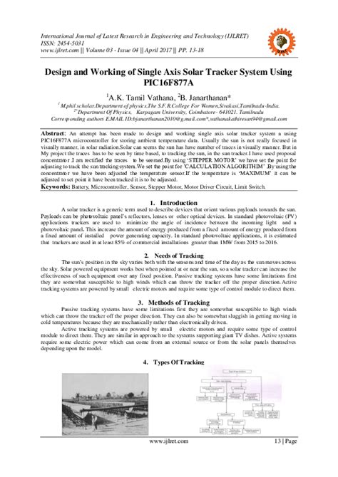 Pdf Design And Working Of Single Axis Solar Tracker System Using Pic16f877a