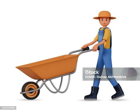 작업복 모자 고무 장화를 신은 농부가 흰색 배경에 격리된 수레 3d 그림을 밀고 있다 농부 남자 푸시 수레의 3d 그림 3차원 형태에 대한 스톡 사진 및 기타 이미지