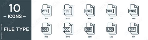 Vetor De File Type Outline Icon Set Includes Thin Line Rtf Css Exe Xml Png Dds Doc Icons