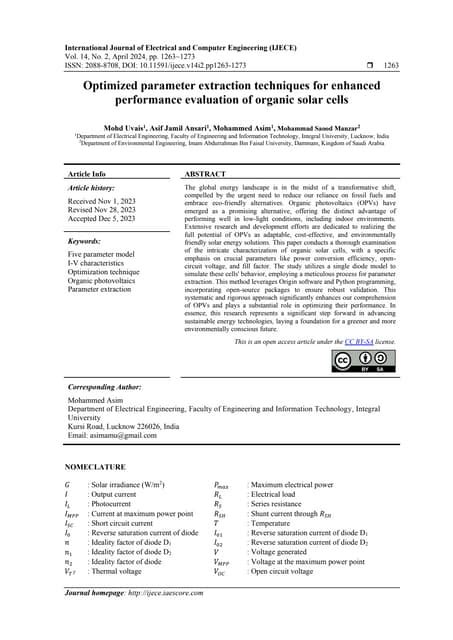 Optimized Parameter Extraction Techniques For Enhanced Performance Evaluation Of Organic Solar