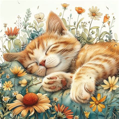 Cute Cat Sleeping In A Flower Bed Clipart Bundle 15 High Quality 