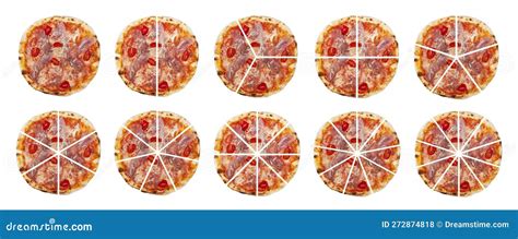 Set Of Ten Fractions Made Of Pizza Cut Into Pieces Isolated On White
