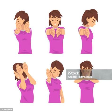 싫어하는 표정을 짓는 불만족스러운 표정을 한 젊은 여자 아니 싫어하는 몸짓이 설정되었습니다 부정적인 감정 개념 만화 벡터 삽화 감정에 대한 스톡 벡터 아트 및 기타 이미지