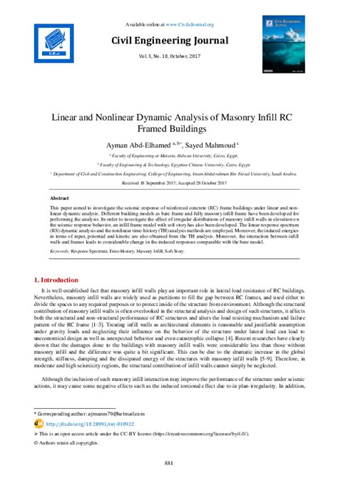 Pdf Linear And Nonlinear Dynamic Analysis Of Masonry Infill Rc Framed Buildings